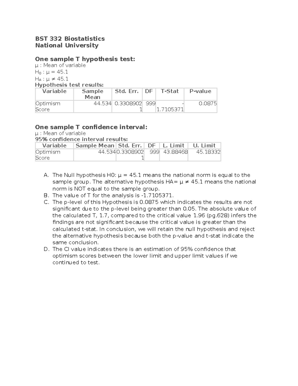 WEEK 2 Discussion 1 - BST 332 Biostatistics National University One ...