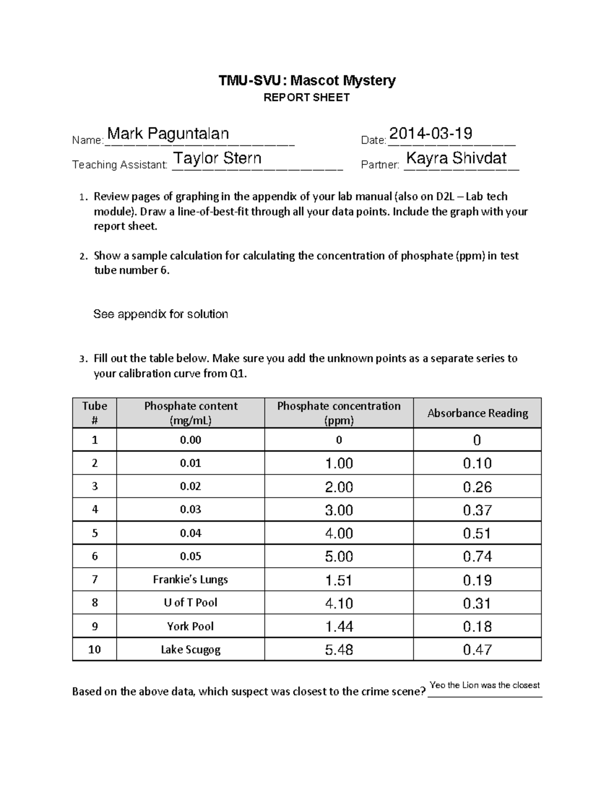 TMU-SVU Lab report - TMU-SVU: Mascot Mystery REPORT SHEET Name