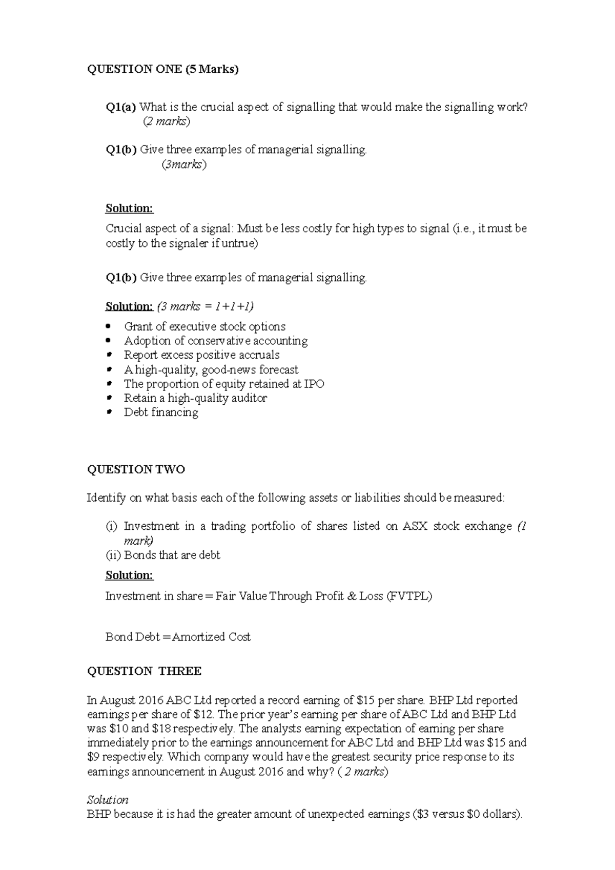 Sample/practice exam, questions and answers - QUESTION ONE (5 Marks) Q1 ...