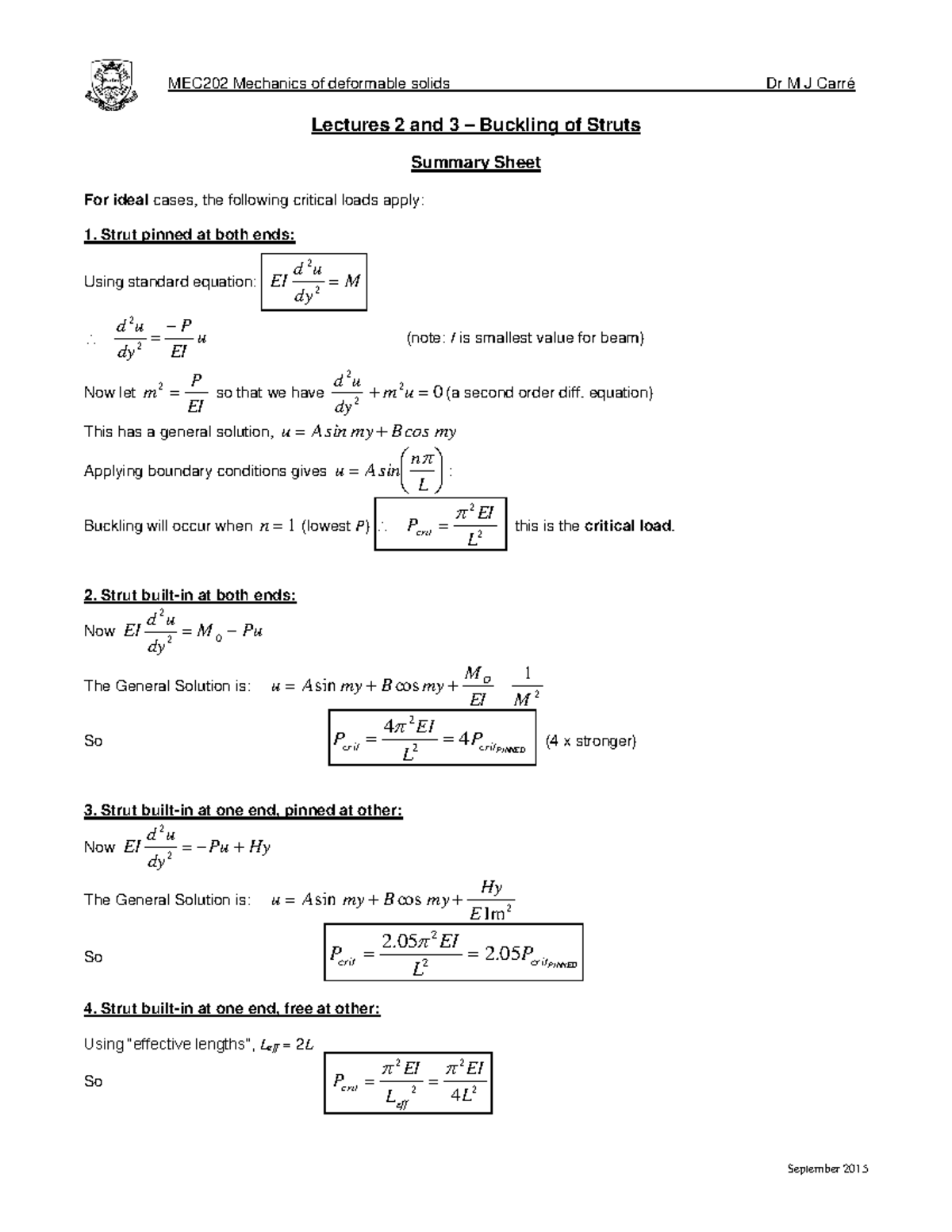 Lecture Notes, Lectures 1-15 - ####### MEC202 Mechanics of deformable ...