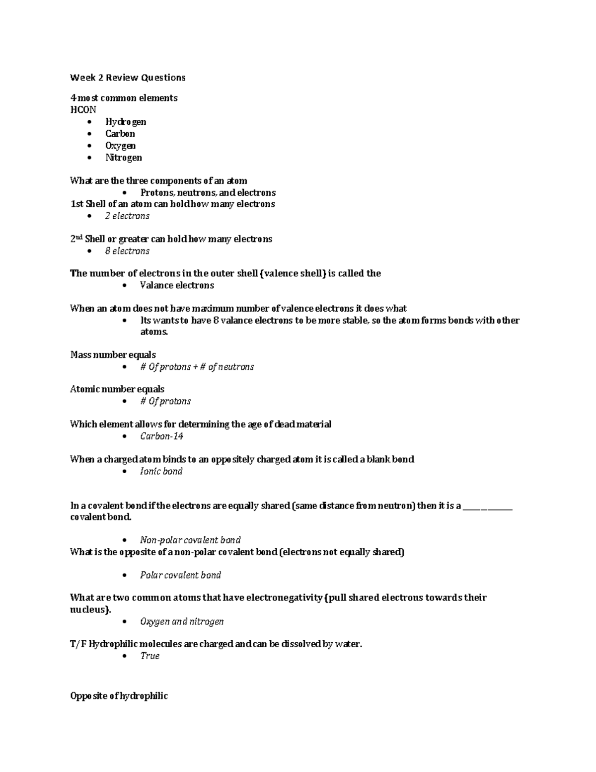 Chpt2b rev questions - Bio 170 notes - Week 2 Review Questions 4 most ...