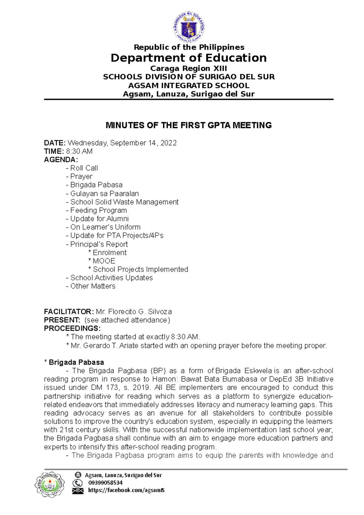 September 14, 2022 1st gpta meeting - Department of Education Caraga ...