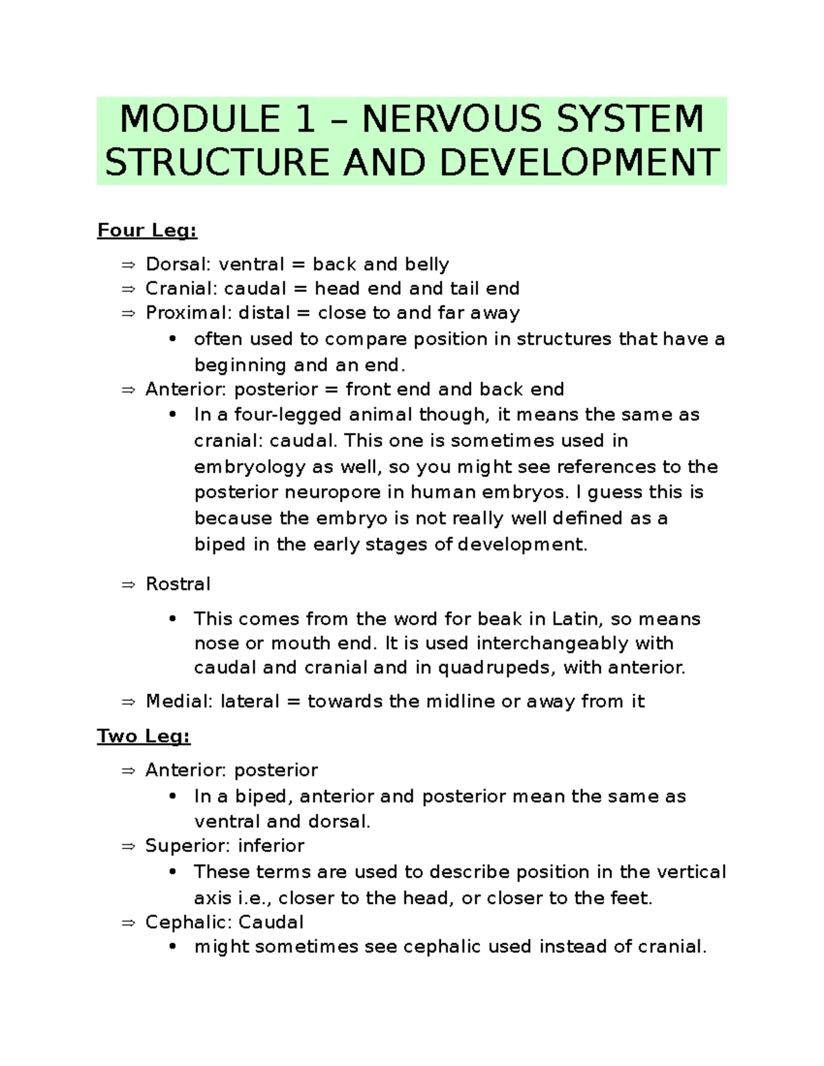 Module 1 - Nervous System Structure AND Development - MODULE 1 ...