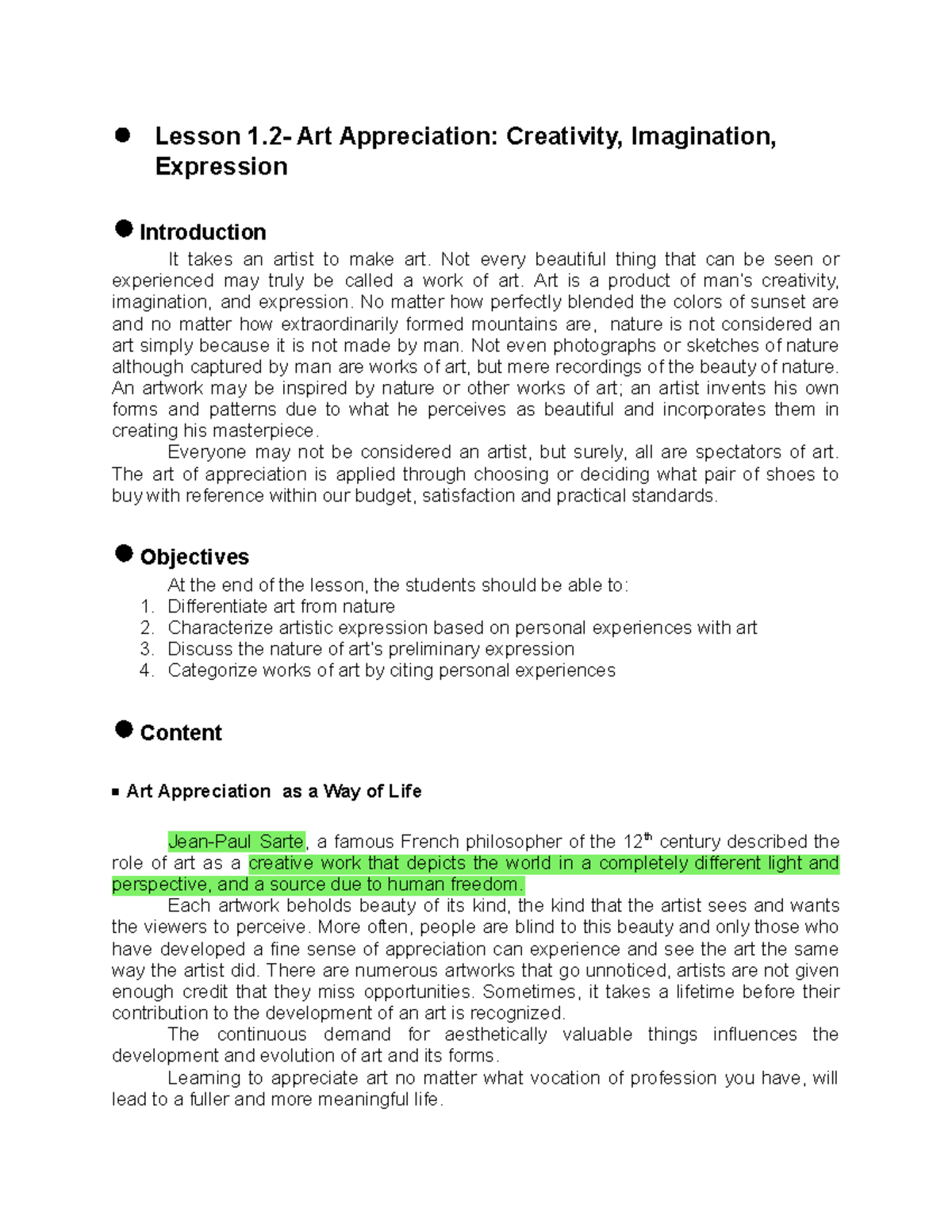 Lesson 1.2(Art App) - ART APPRECIATION - Lesson 1- Art Appreciation: Creativity, Imagination ...