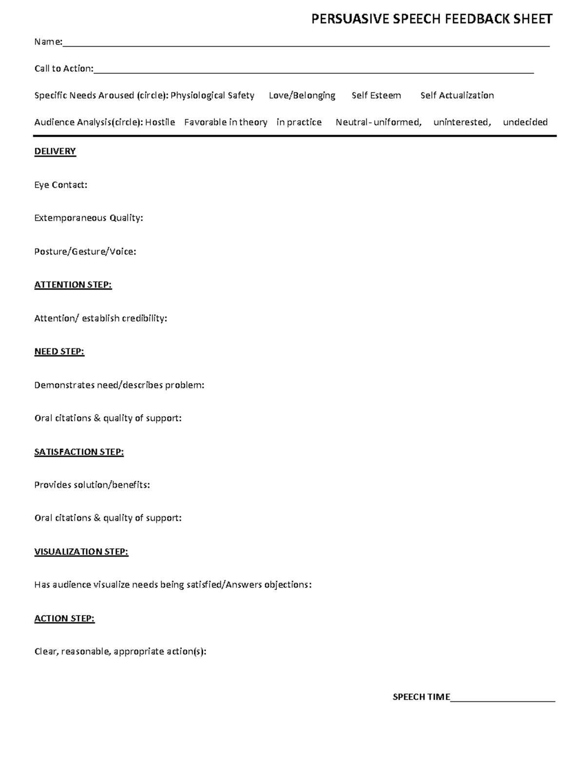 Persuasive Speech Feedback Sheet - SPEECH TIME ...