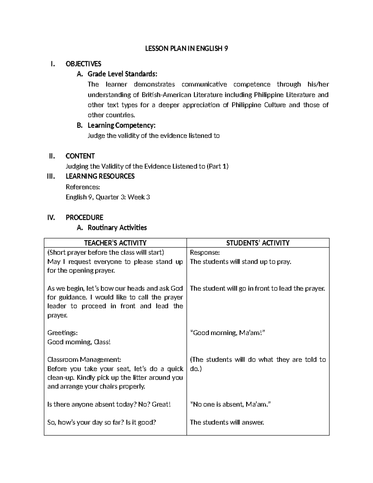 Fallacy AND ITS Types DLP - LESSON PLAN IN ENGLISH 9 I. OBJECTIVES A ...