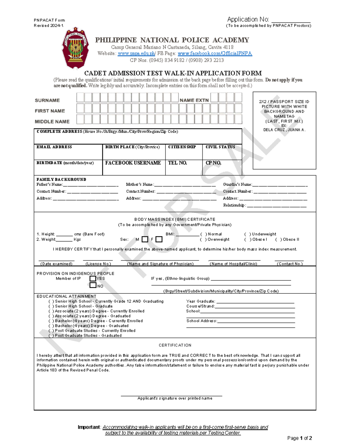 WALK-IN Application FORM - PNPACAT Form Application No ...