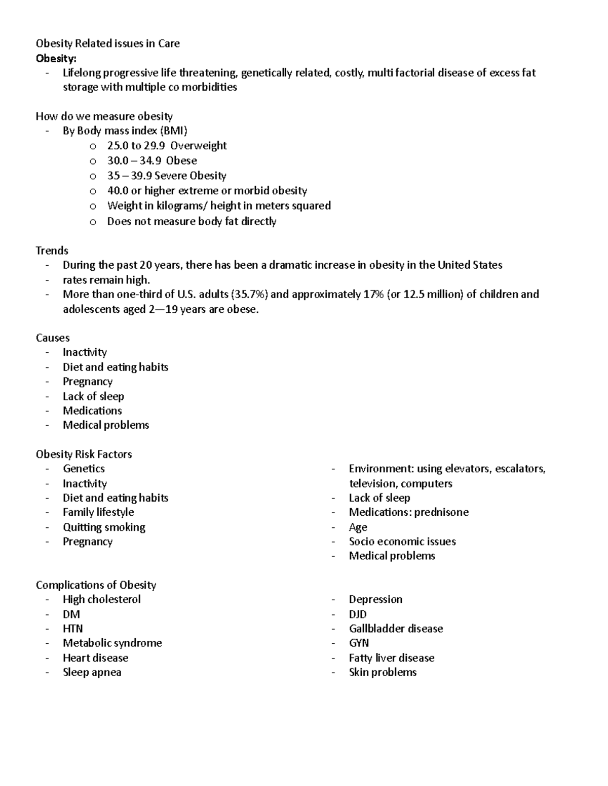 Obesity notes part 1 - Obesity: - Lifelong progressive life threatening ...