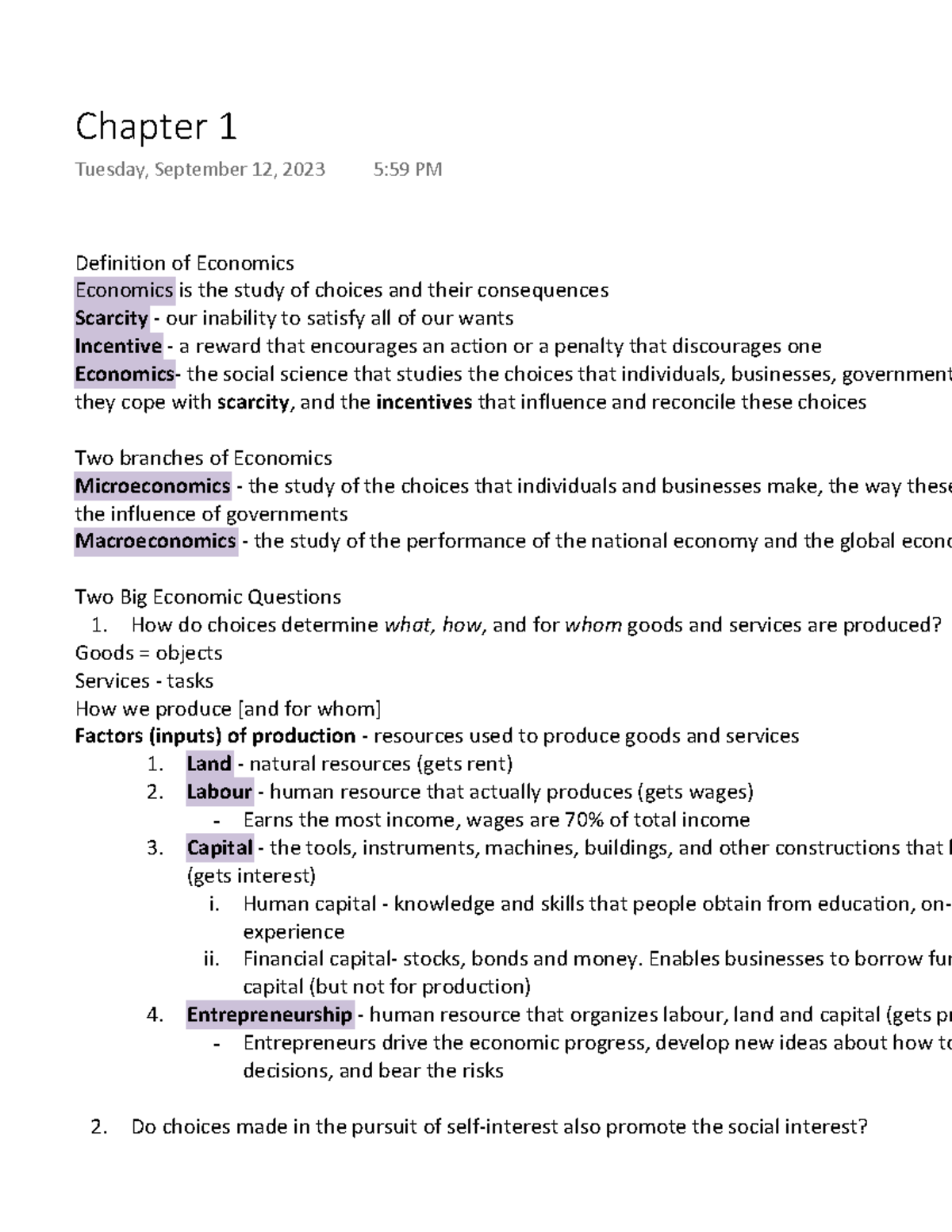 Chapter 1 - Definition of Economics Economics is the study of choices ...