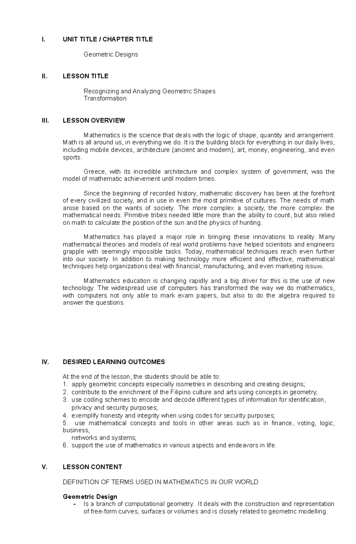 Module 5 Mathematics IN THE MW - I. UNIT TITLE / CHAPTER TITLE ...