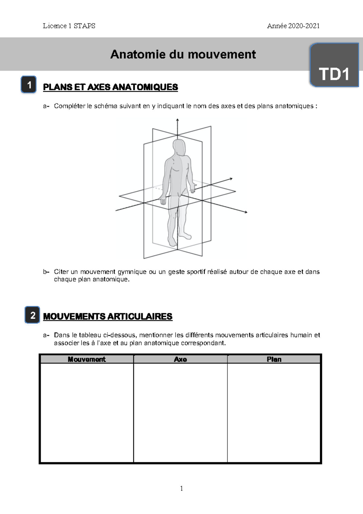 TD1 Anatomie 2021 2022 - Cours pratique - PLANS ET AXES ANATOMIQUES a ...