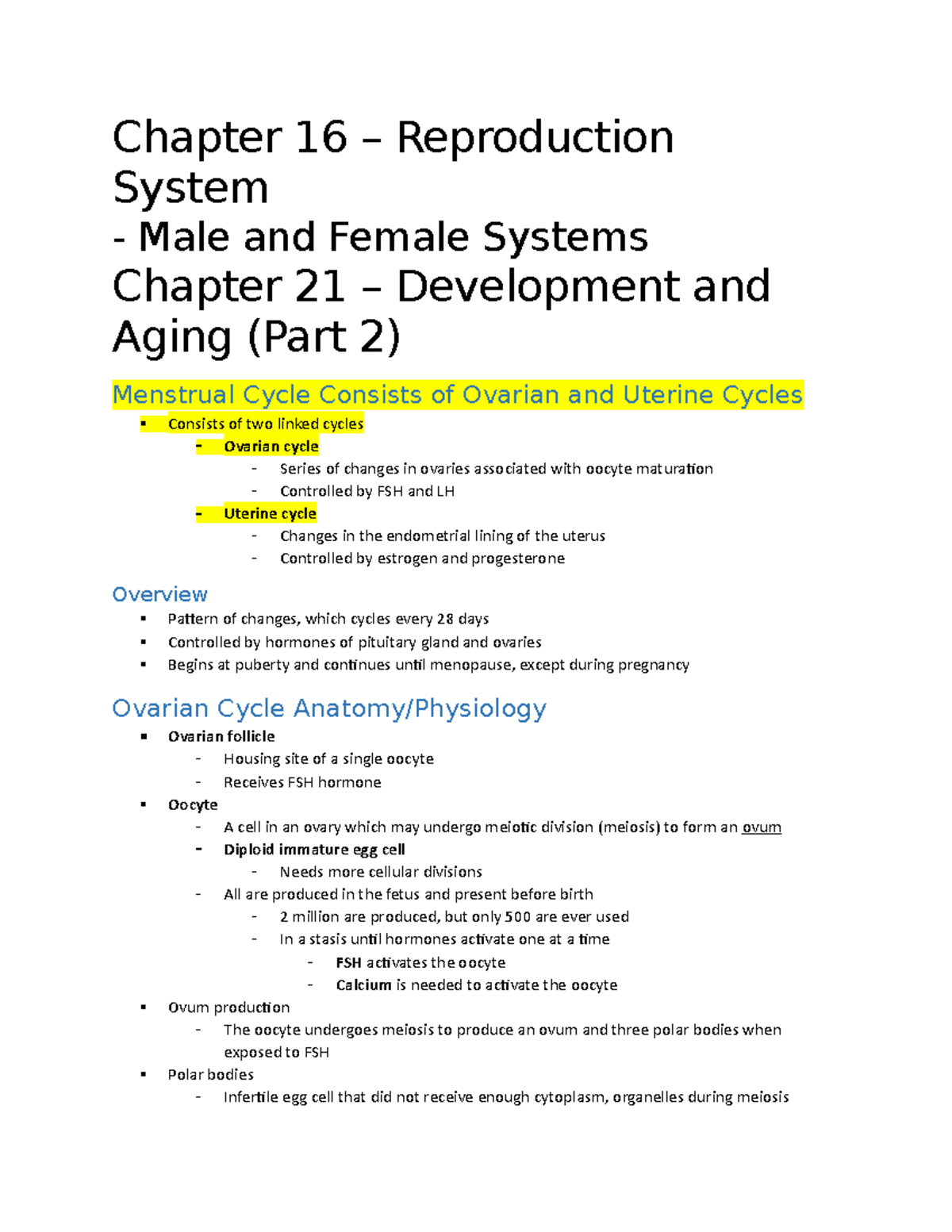 04-12-23 Chapter 16, 21, Part 2 - Chapter 16 – Reproduction System - Male and Female Systems ...