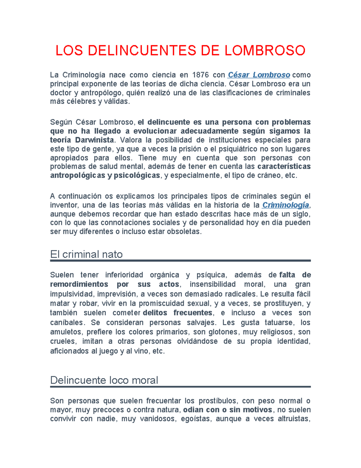 Tipos DE Delincuente Segun Lombroso - LOS DELINCUENTES DE LOMBROSO La ...