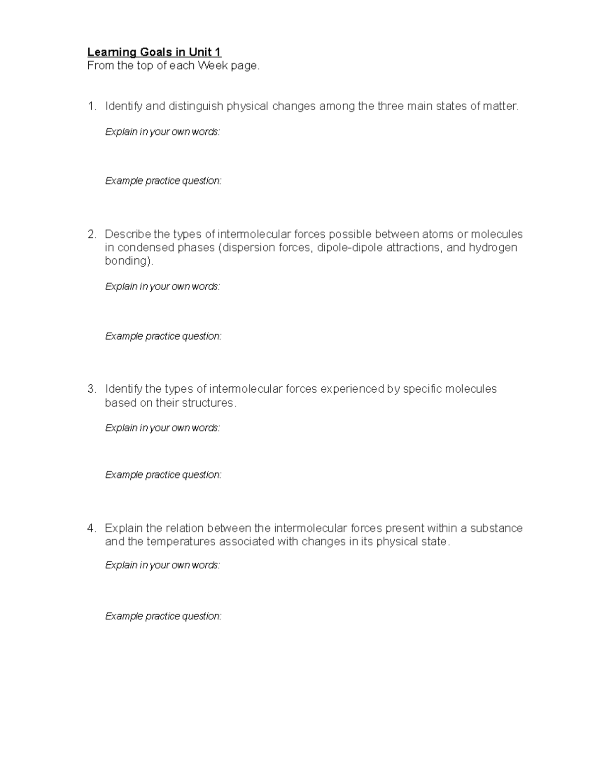 Learning Log 4 - Learning Goals in Unit 1 From the top of each Week ...