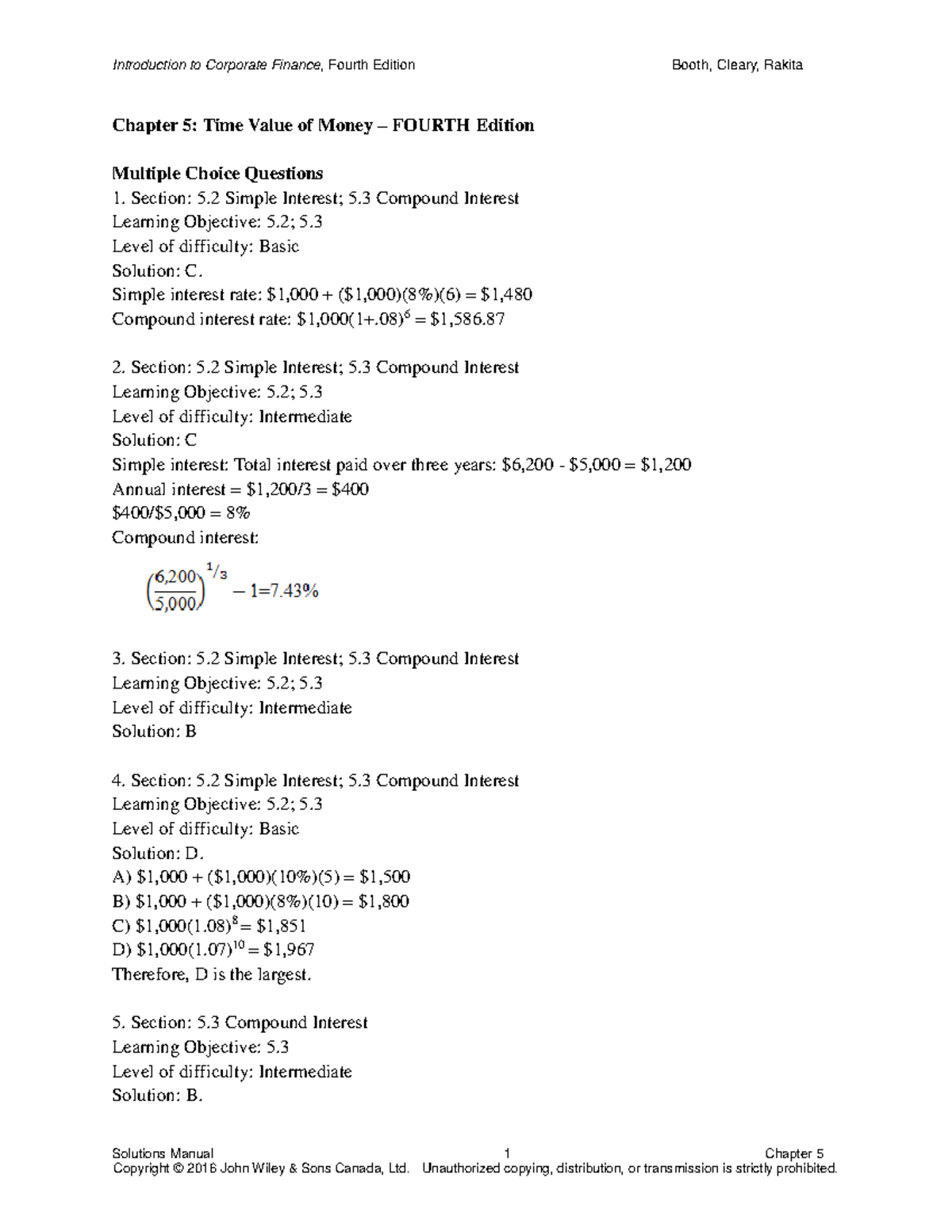 Supplementary Problems - Solutions Manual 1 Chapter 5 Chapter 5: Time Value of Money – FOURTH ...
