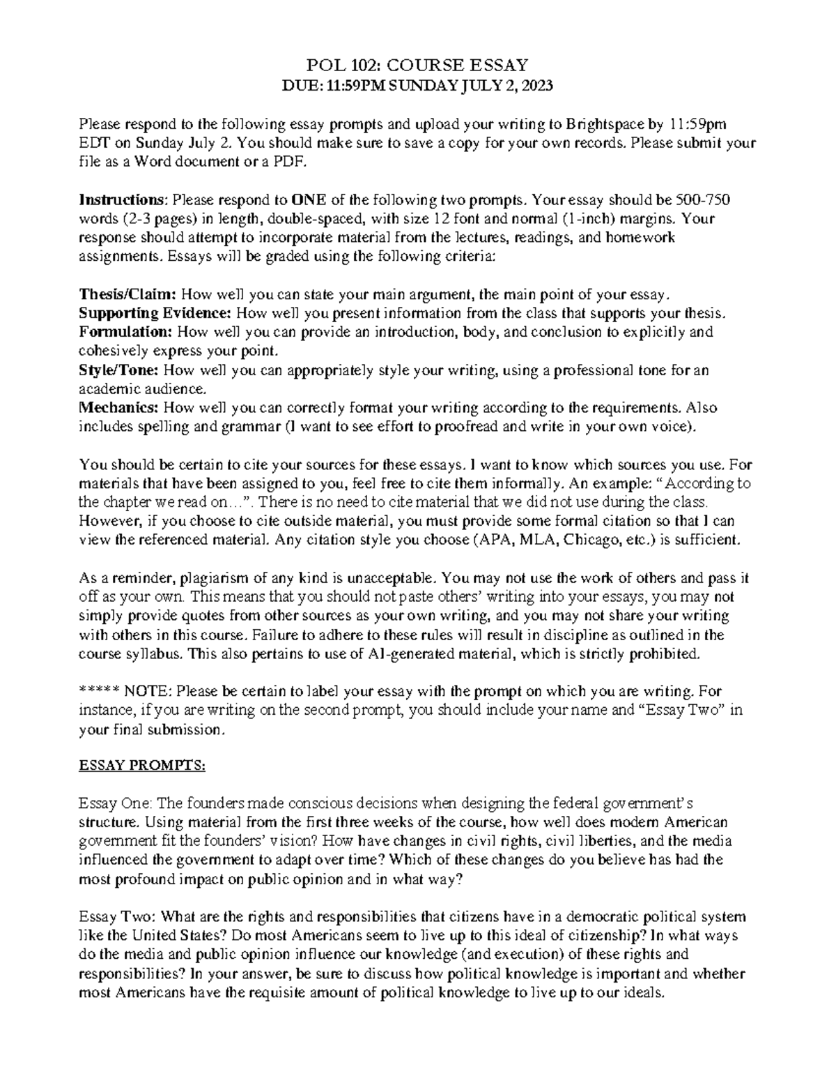 Pol 102 Course Essay Instructions - POL 102: COURSE ESSAY DUE: 11:59PM SUNDAY JULY 2, 2023 ...
