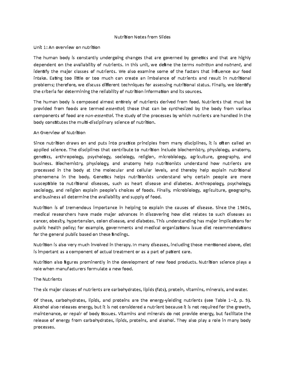 Nutrition Notes From Slides - Lecture notes, lectures 1 - 7 - Nutrition ...