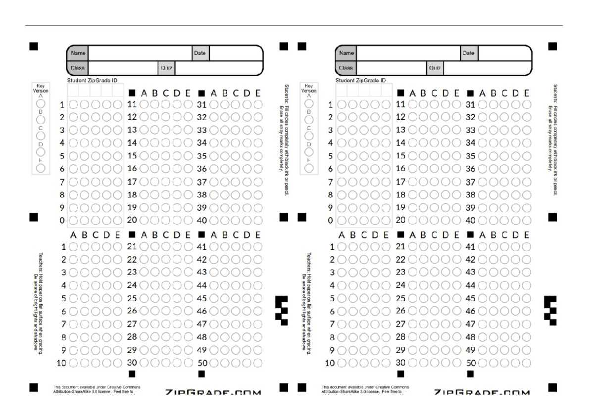 Answer Sheet 1 TO 50 - Name Date Name Date Class Quiz Class Quiz Student ZipGrade ID Student ...
