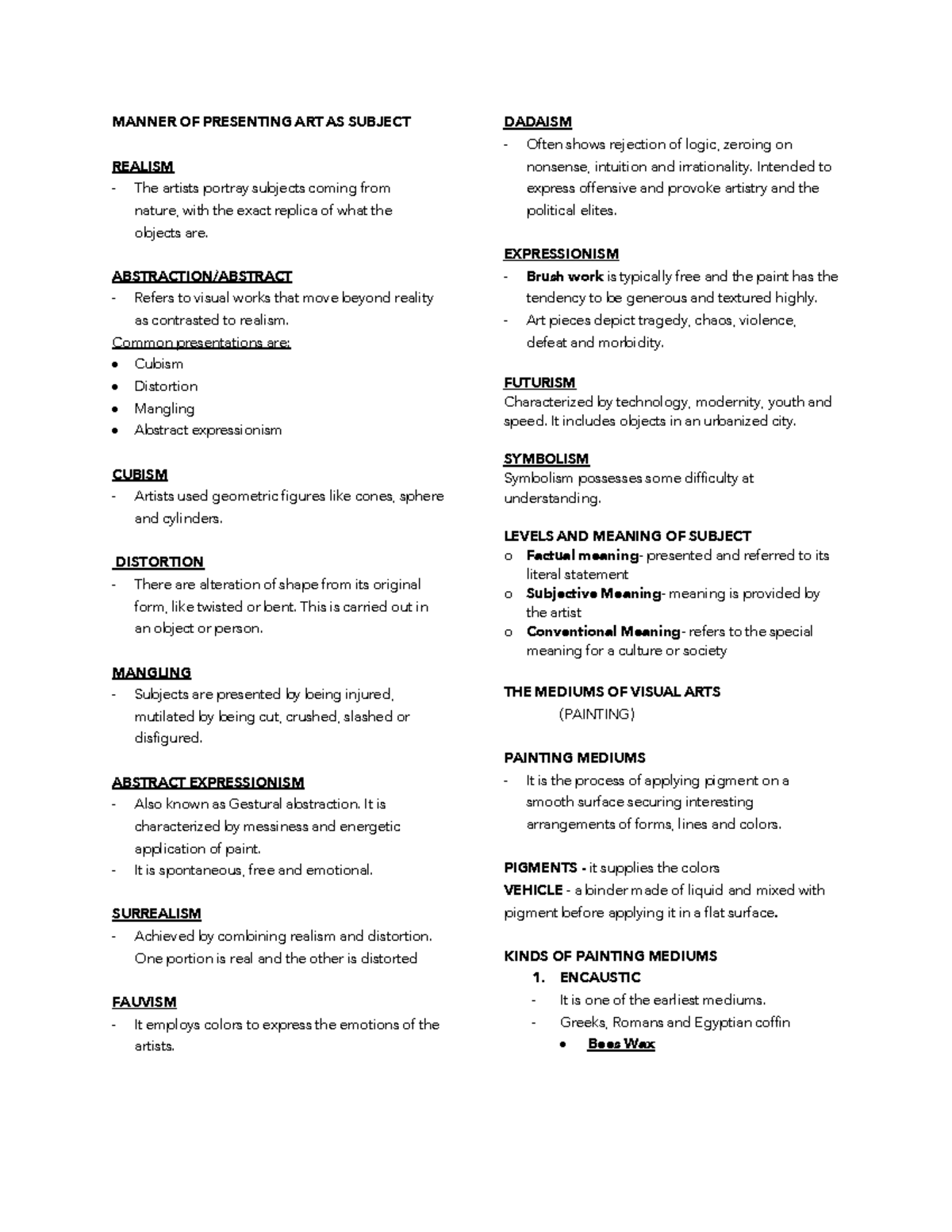 THE Mediums OF Visual ARTS - MANNER OF PRESENTING ART AS SUBJECT ...