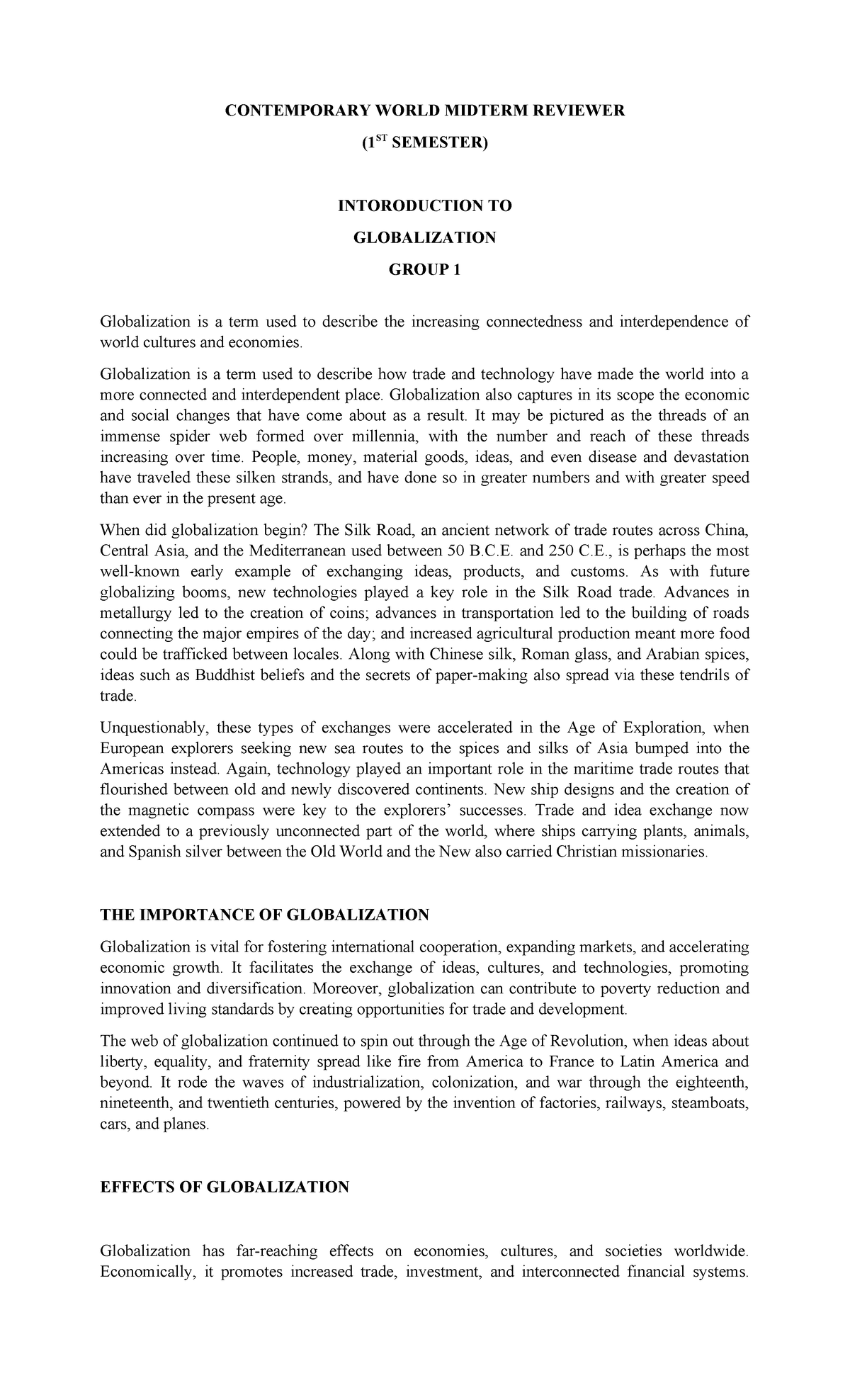 CW- Midterm- Reviewer 2 - CONTEMPORARY WORLD MIDTERM REVIEWER (1ST ...