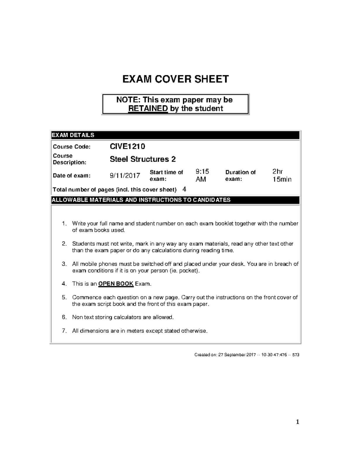 Exam 2017 - EXAM COVER SHEET NOTE: This exam paper may be RETAINED by ...
