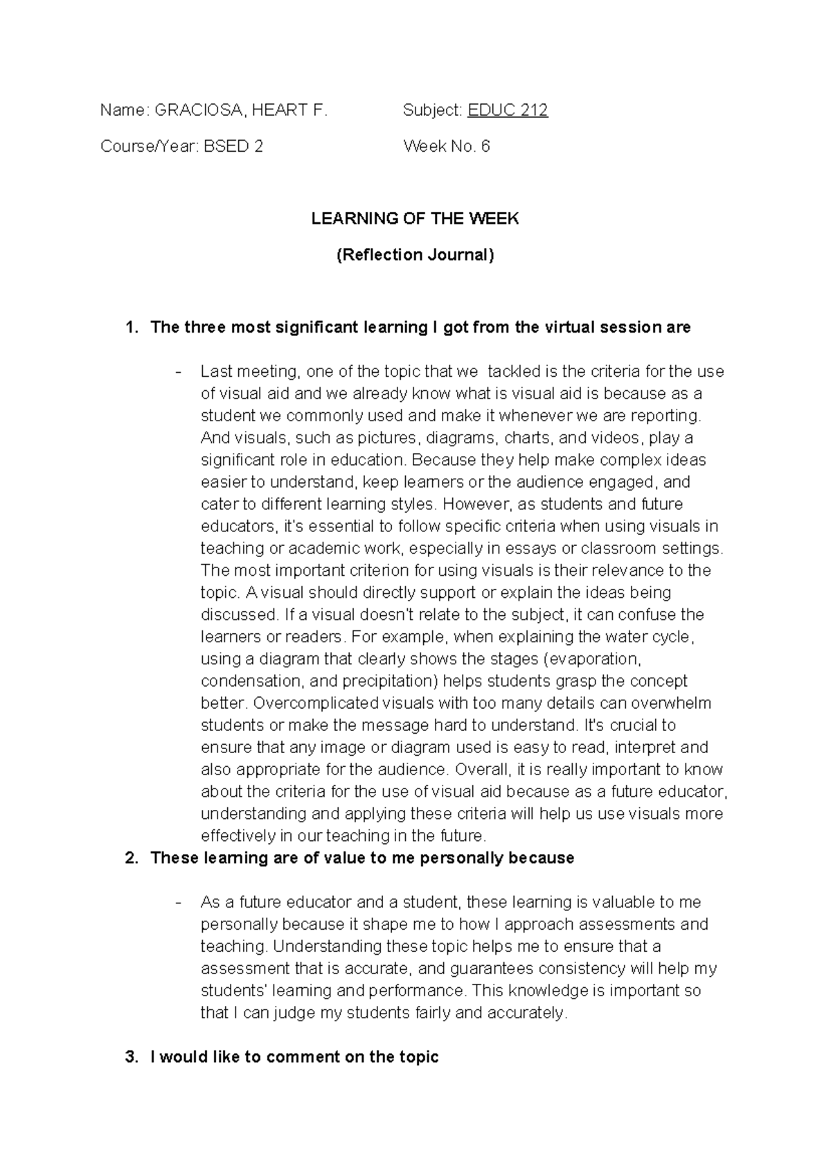 212 WEEK6 - Reflection Journal in assessmengt learning - Name: GRACIOSA ...