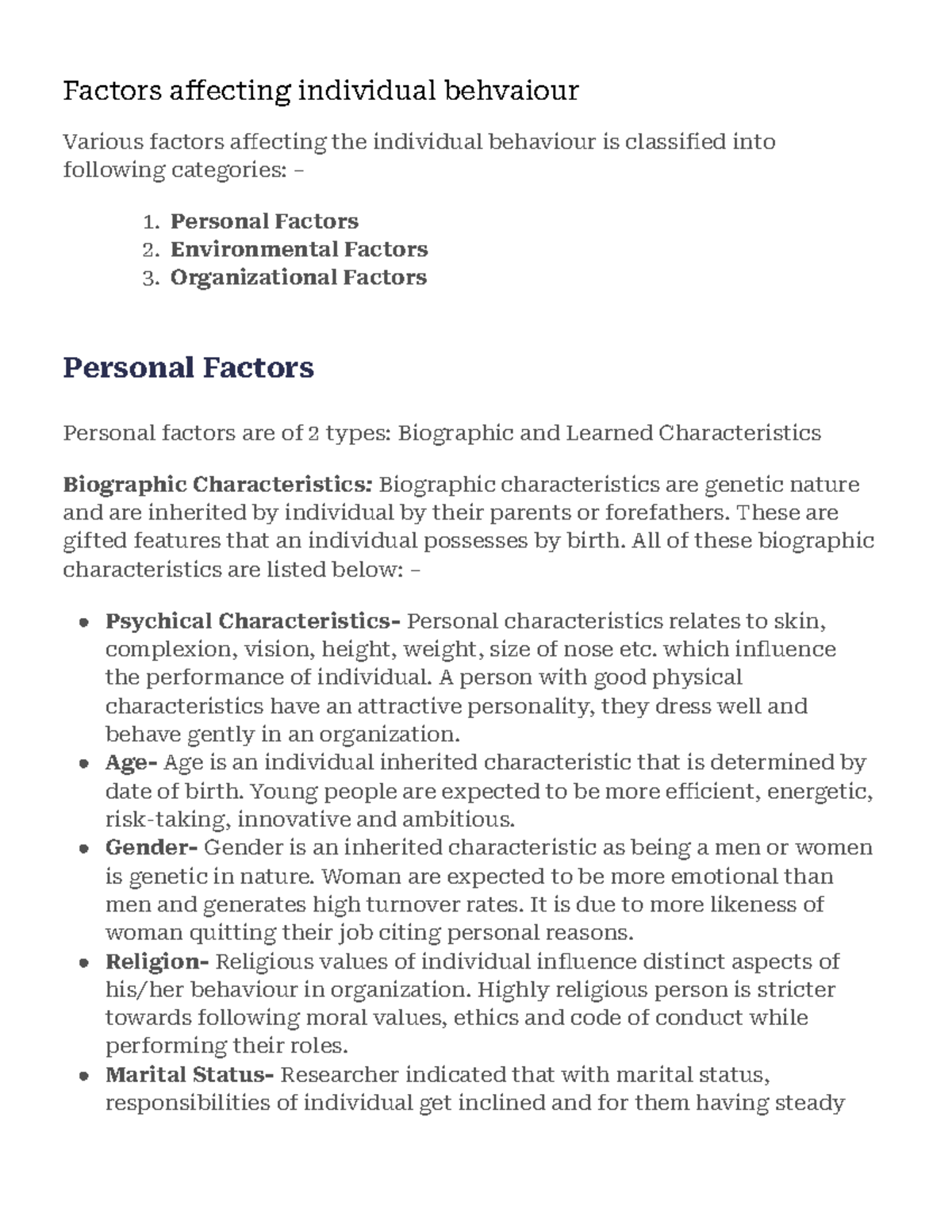 OB Module 2 notes-Individual behaviour,personality,learning - Factors ...