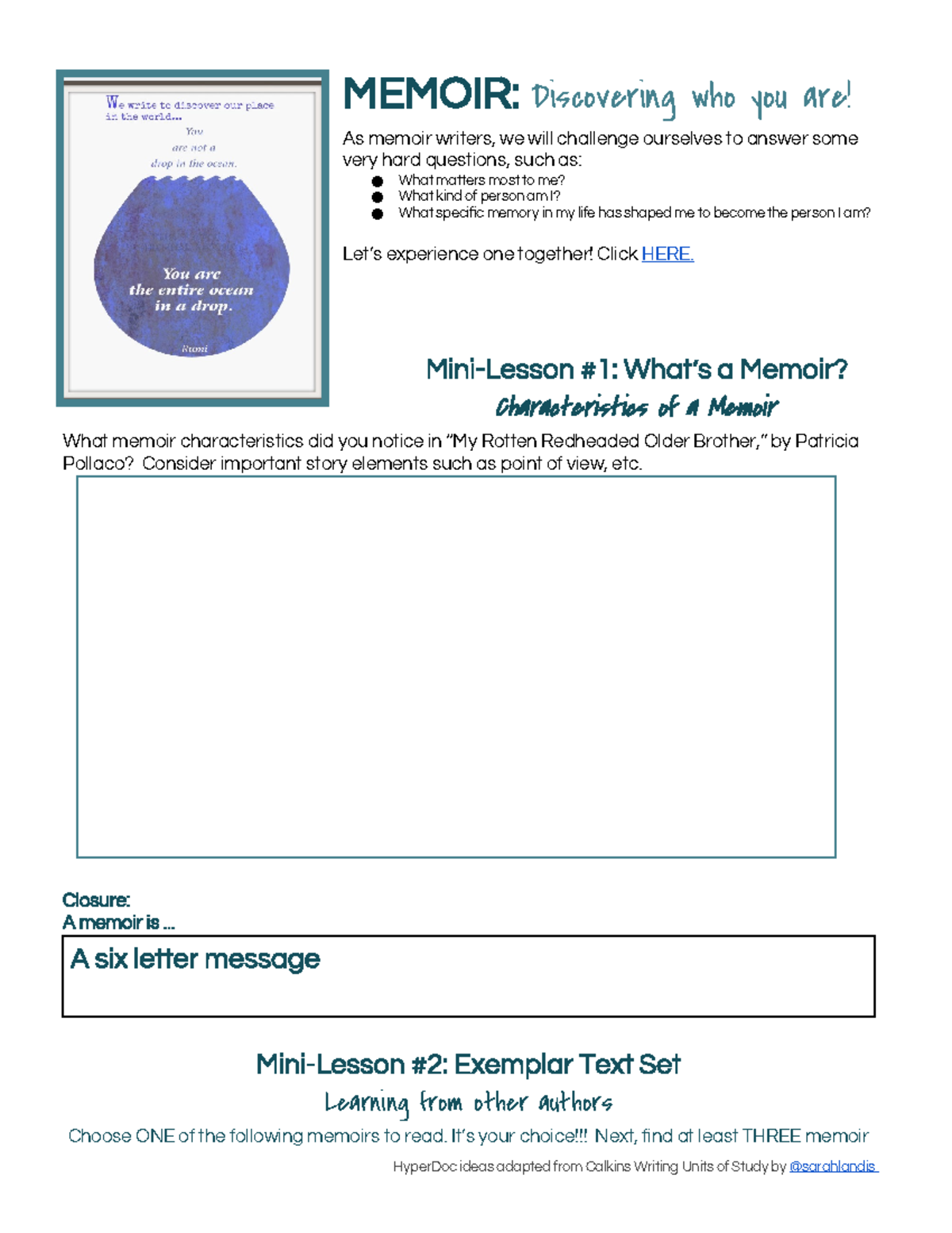 Copy of Memoir Writing Hyperdoc - MEMOIR: Discovering who you are! As ...