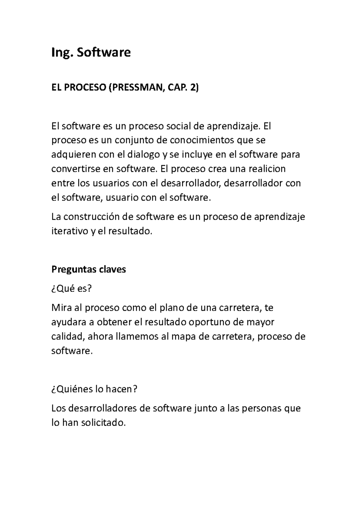 Ing de software Procesos - Ing. Software EL PROCESO (PRESSMAN, CAP. 2 ...