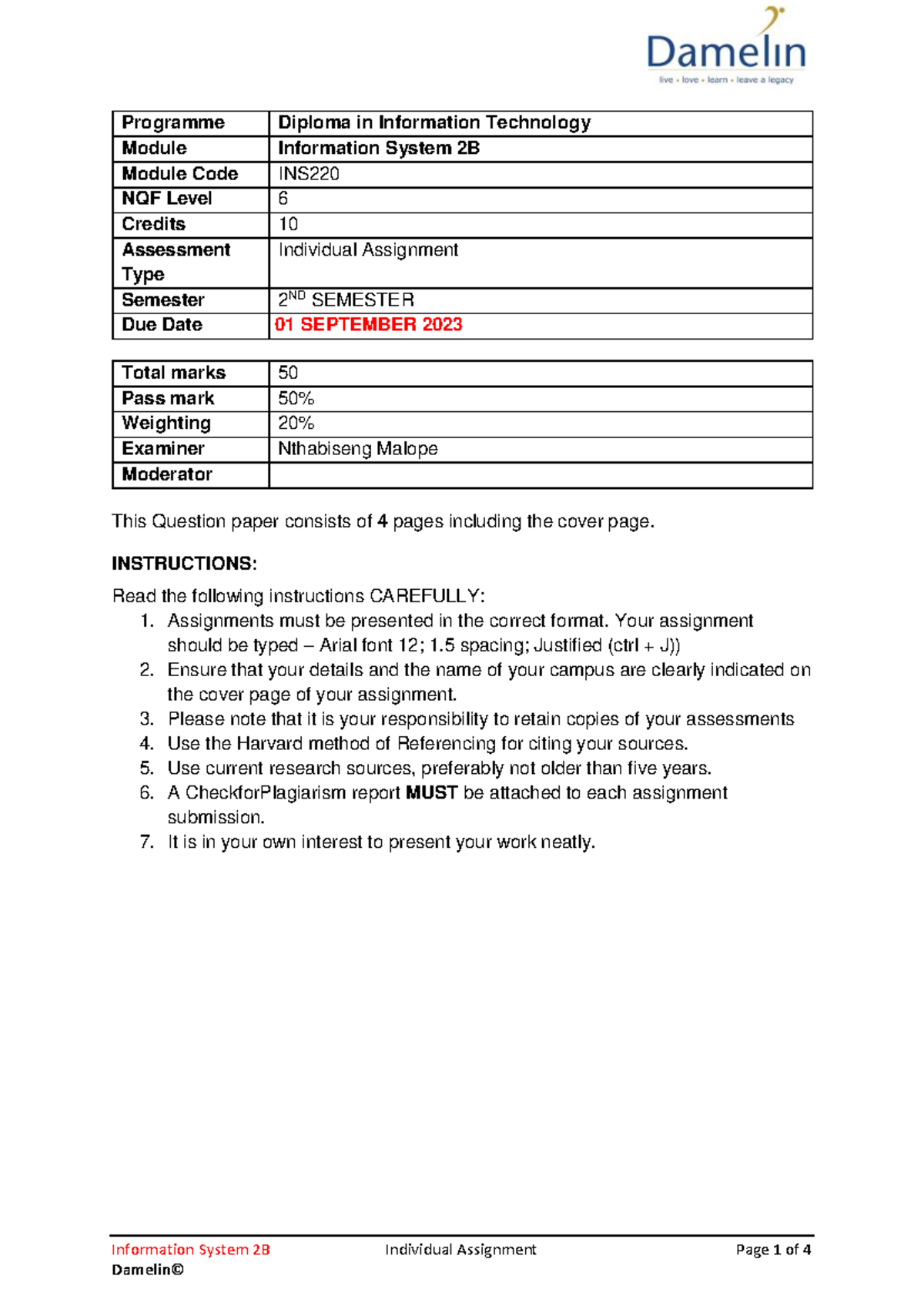 Information systems 2B assignment 1 - Information System 2B Individual Assignment Page 1 of 4 ...