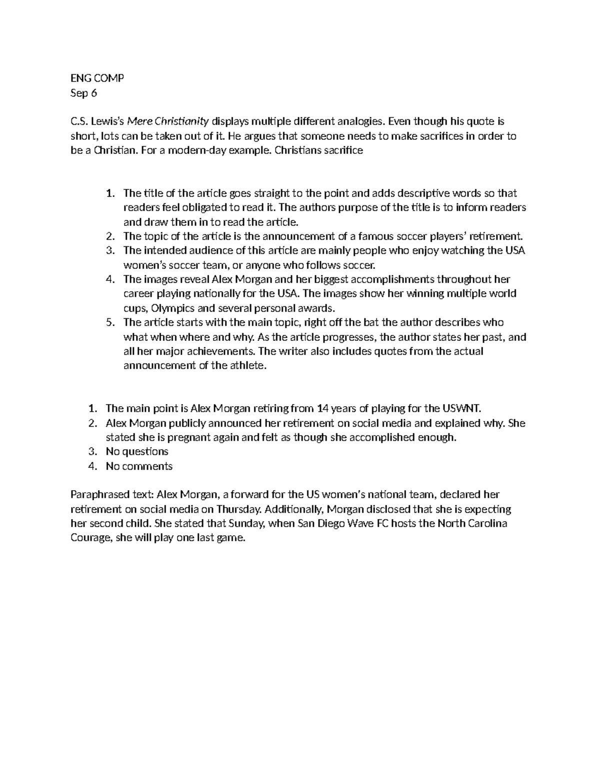 ENG COMP - English comp first assignment - ENG COMP Sep 6 C. Lewis’s ...