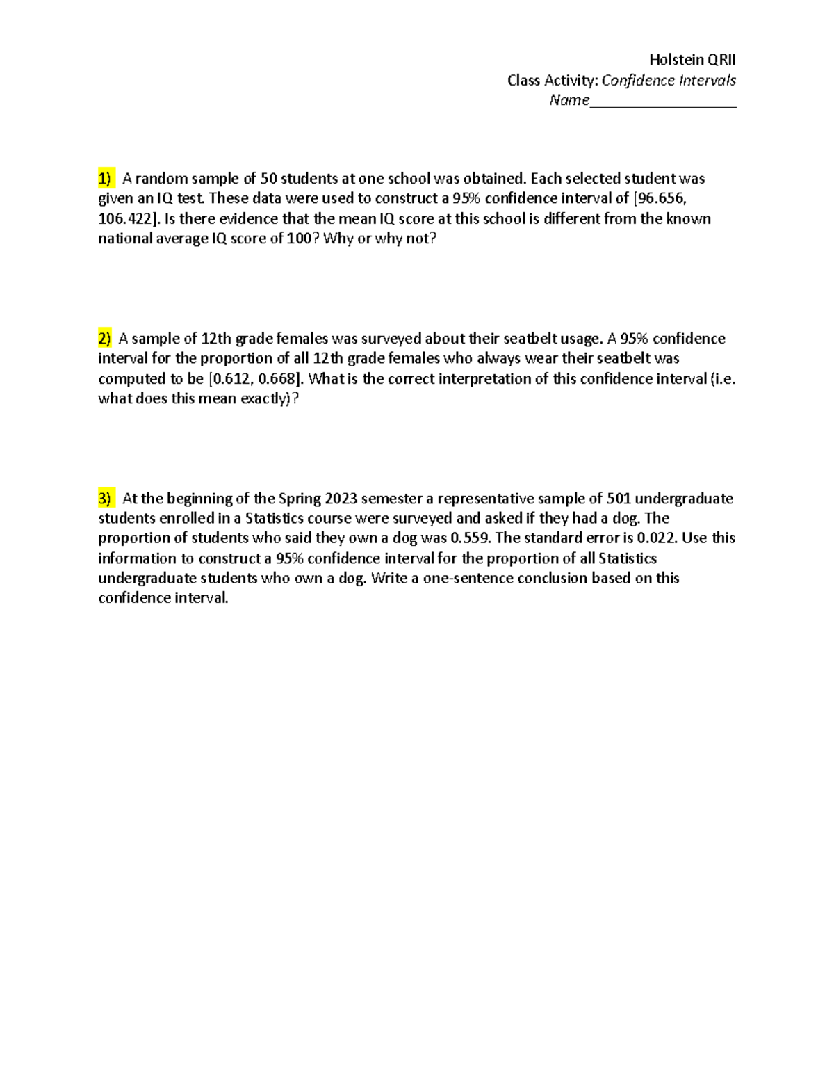 QRII Class Activity 9 Confidence Intervals - Holstein QRII Class ...