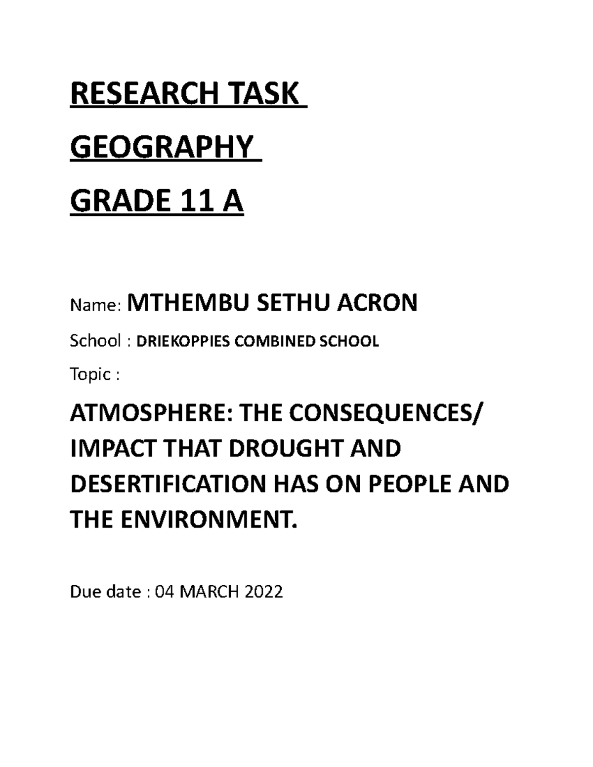 Mthembu Acron Research RESEARCH TASK GEOGRAPHY GRADE 11 A Name