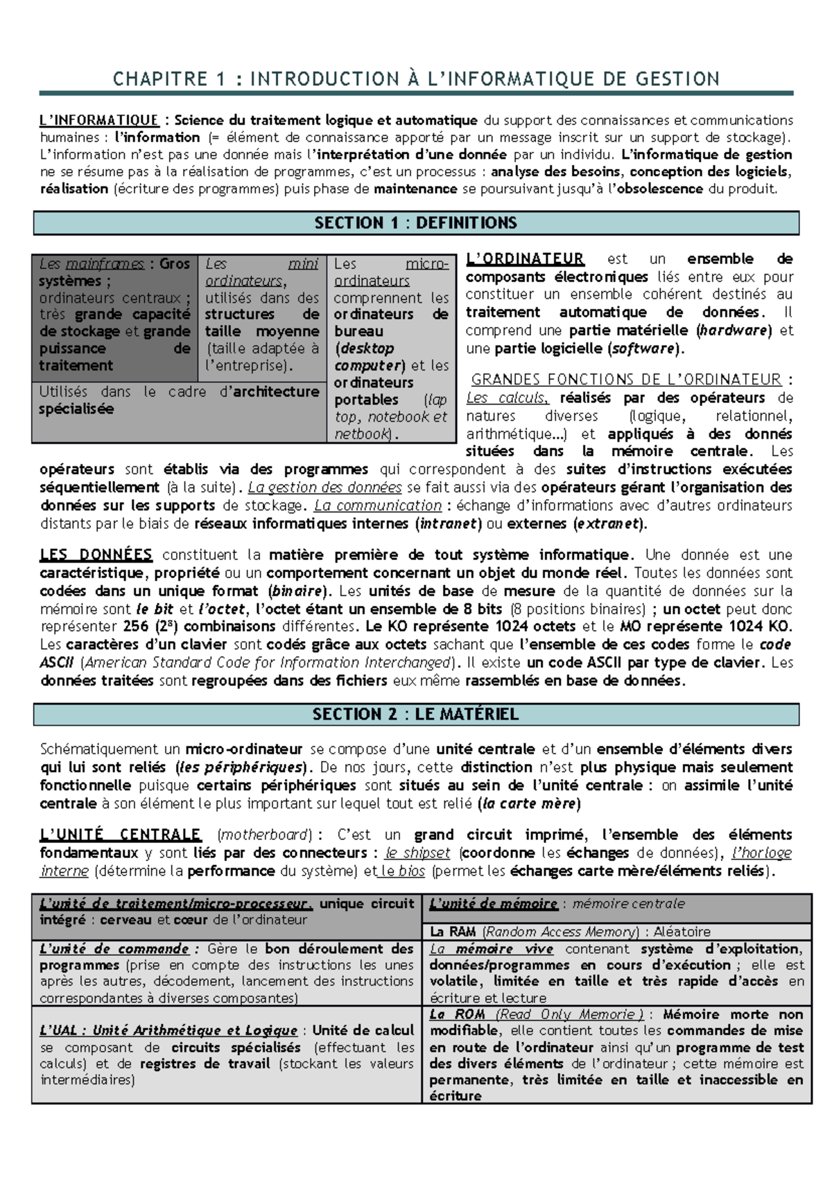Introduction à l'informatique - CHAPITRE 1 : INTRODUCTION À L ...