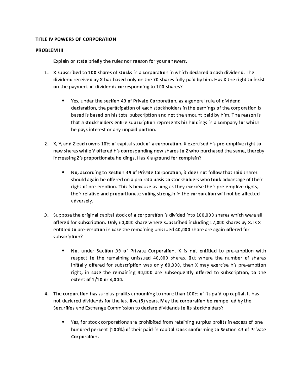 Title IV Powers OF Corporation TITLE IV POWERS OF CORPORATION PROBLEM title-iv-powers-of-corporation-title-iv-powers-of-corporation-problem