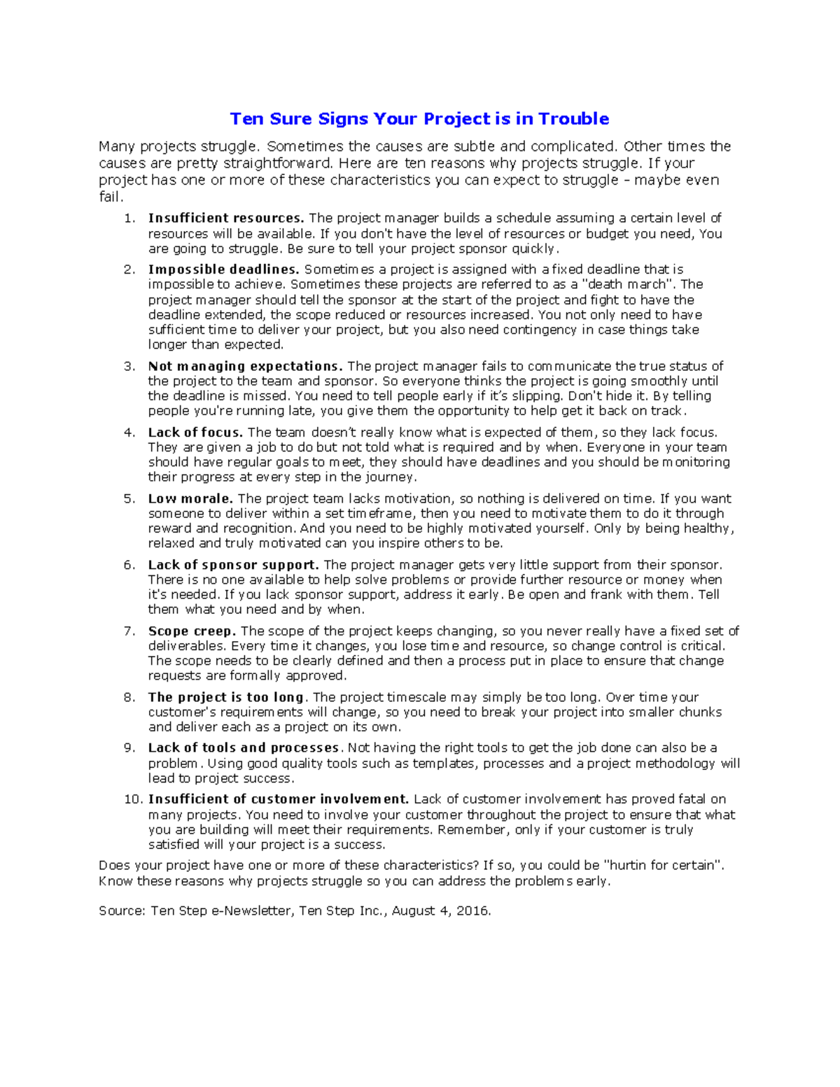 5-Ten Sure Signs Your Project is in Trouble (Ten Step Aug 16) - Ten ...