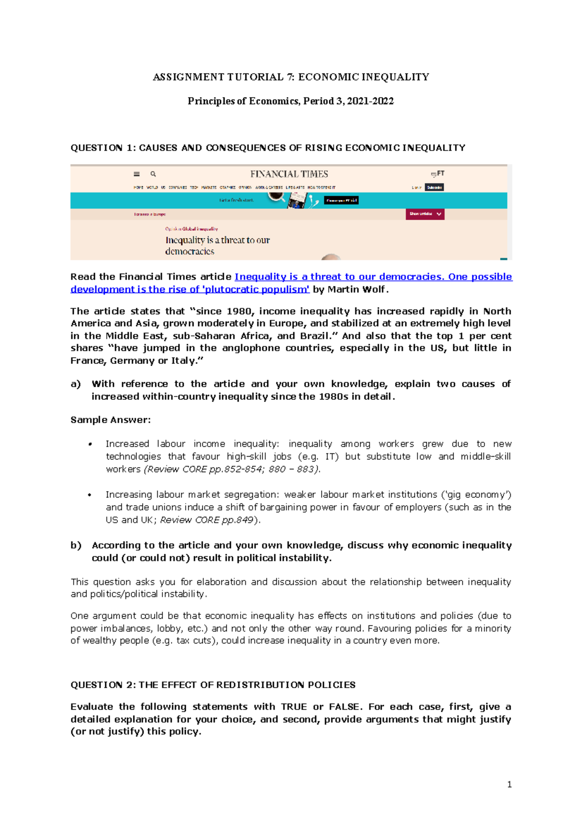 Assignment Tutorial 7 Answer Model Assignment Tutorial 7 Economic Inequality Principles Of