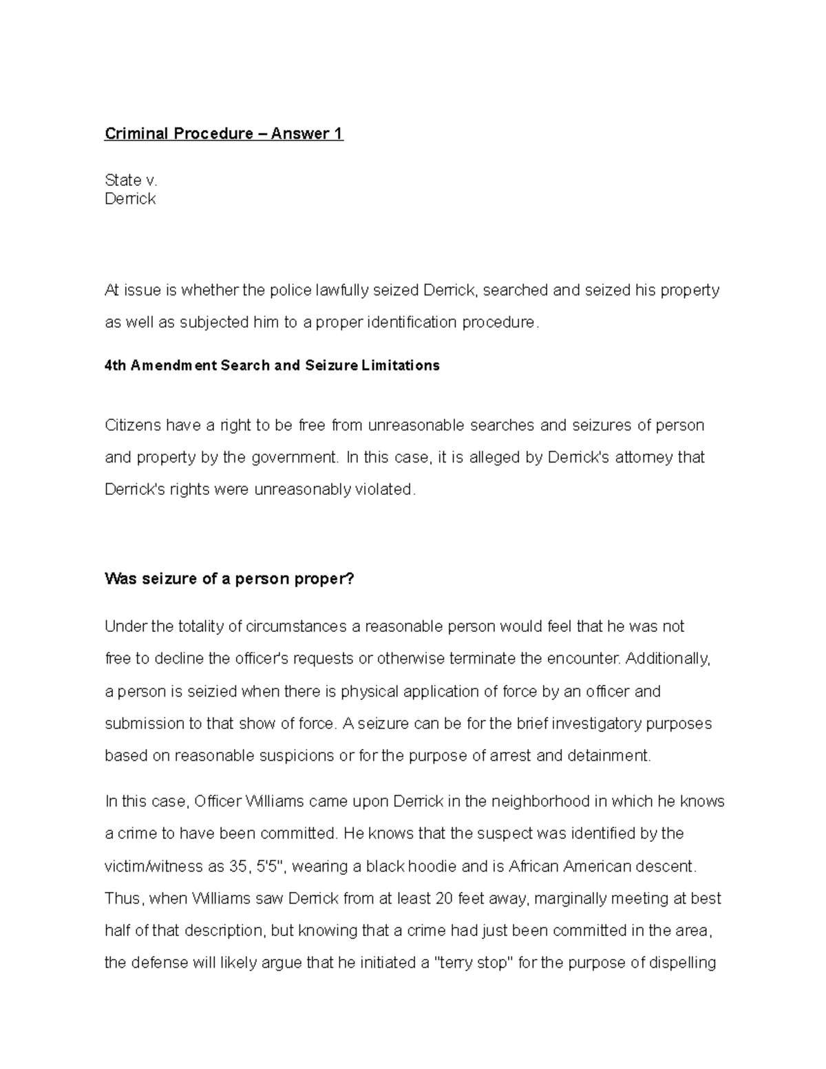 Law 318 Crim Pro Answer 1 Fall 2021 - Criminal Procedure – Answer 1 ...