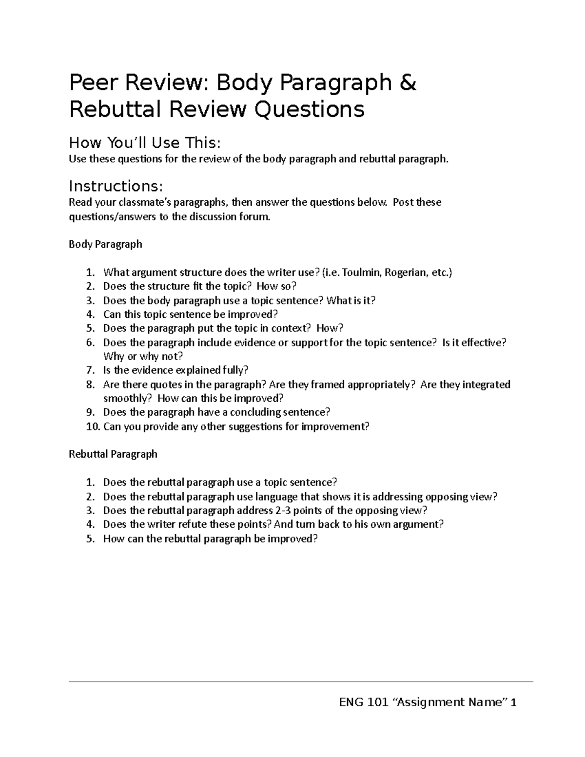 Body Paragraph and Rebuttal Review Questions - Peer Review: Body ...