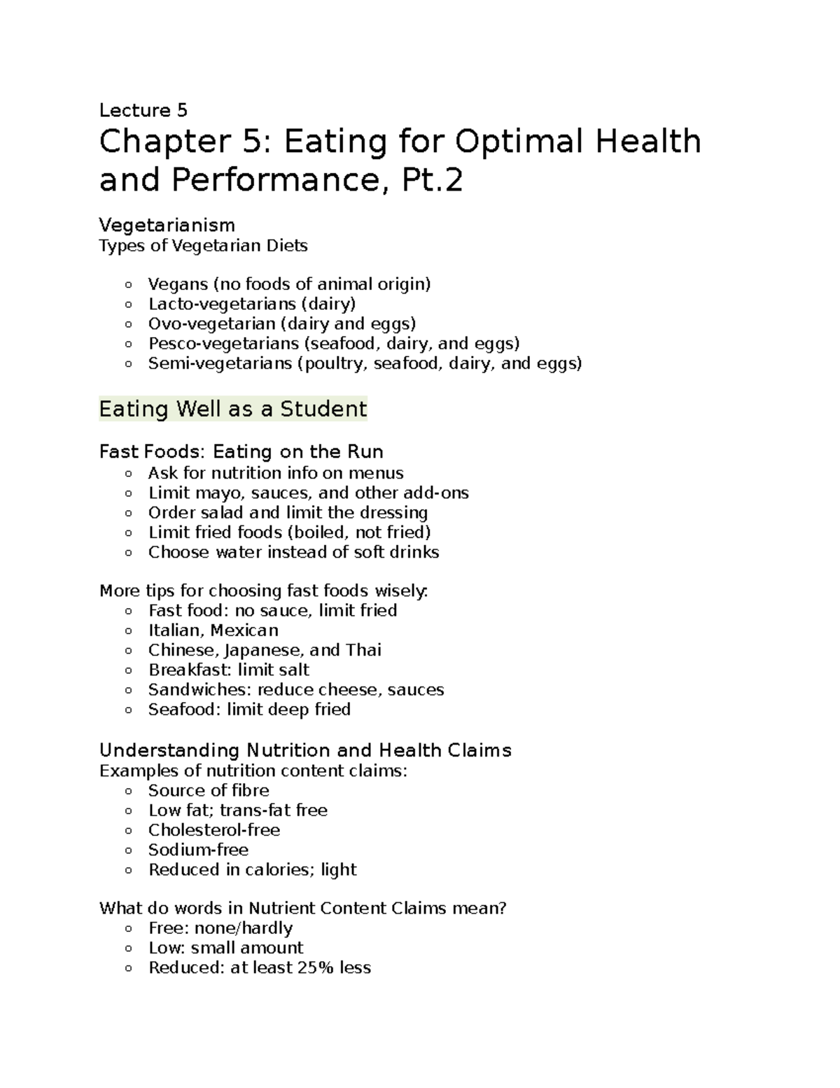 Lecture 5 - Online course - Lecture 5 Chapter 5: Eating for Optimal ...