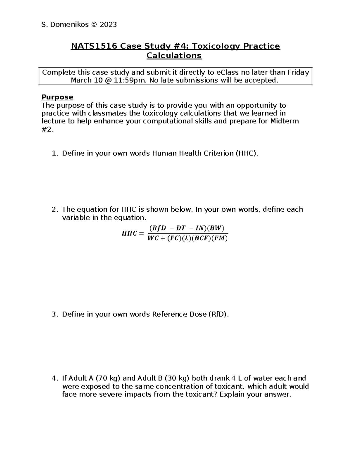 NATS1516 Case Study #4 - Toxicology - S. Domenikos © 2023 NATS1516 Case ...