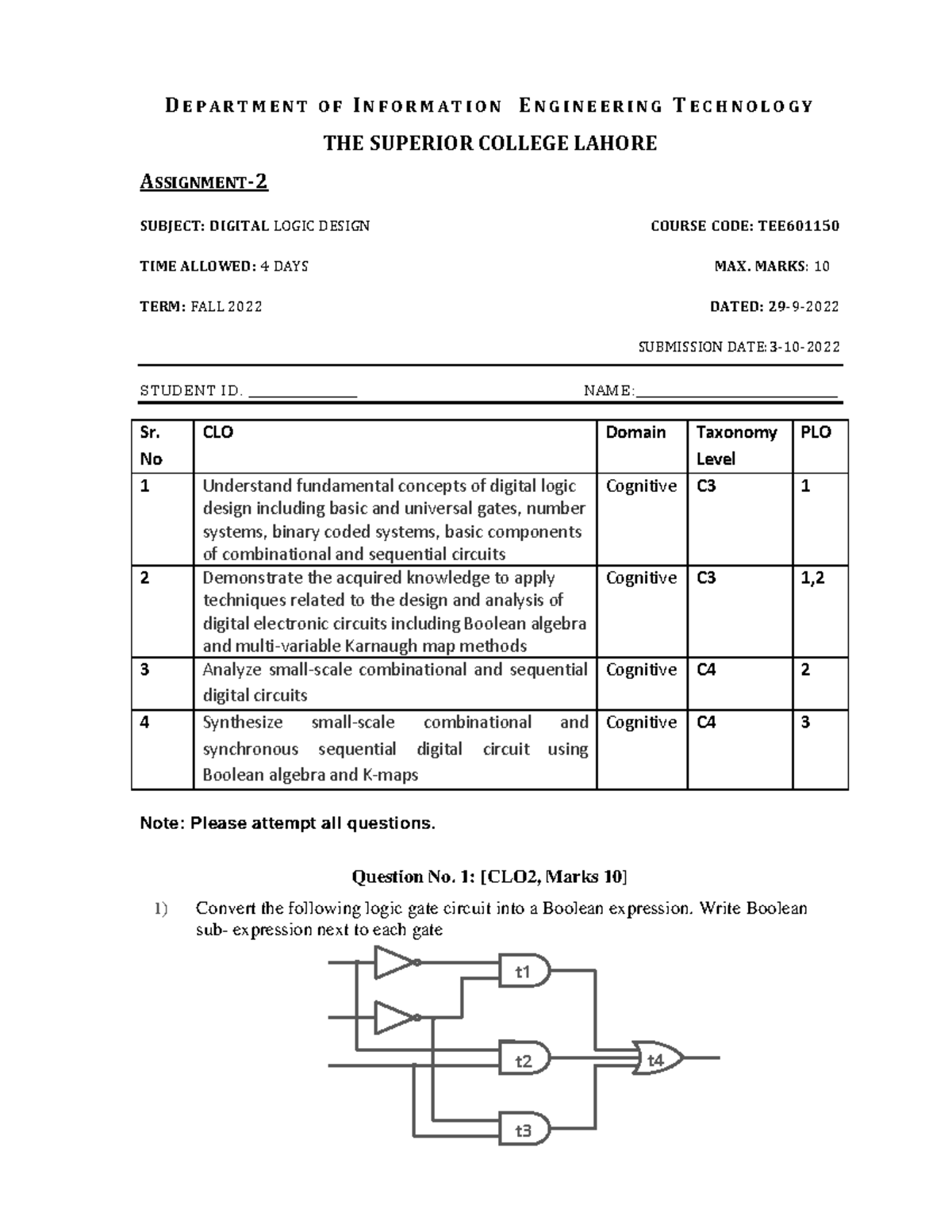 Assignment 2 - dld task practice - t t2 t t DE P A R T M E N T O F IN F O R M A T I O N EN G I N ...