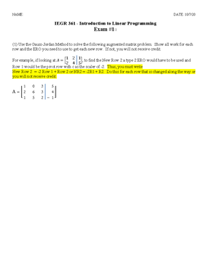 Exam 2 - Linear Programing - NAME: DATE: 11/4/ 20 IEGR 361 ...