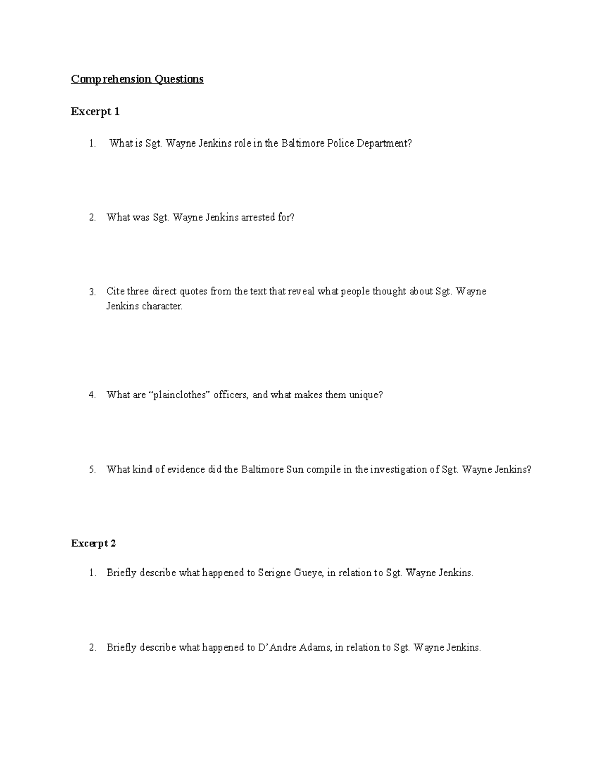 Resource 3 comprehension questions - Comprehension Questions Excerpt 1 ...