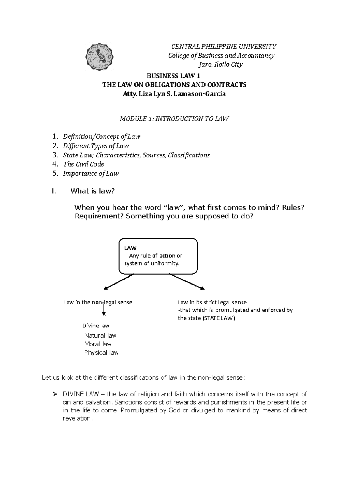 Study Notes IN LAW ( Midterm)easy study - CENTRAL PHILIPPINE UNIVERSITY ...