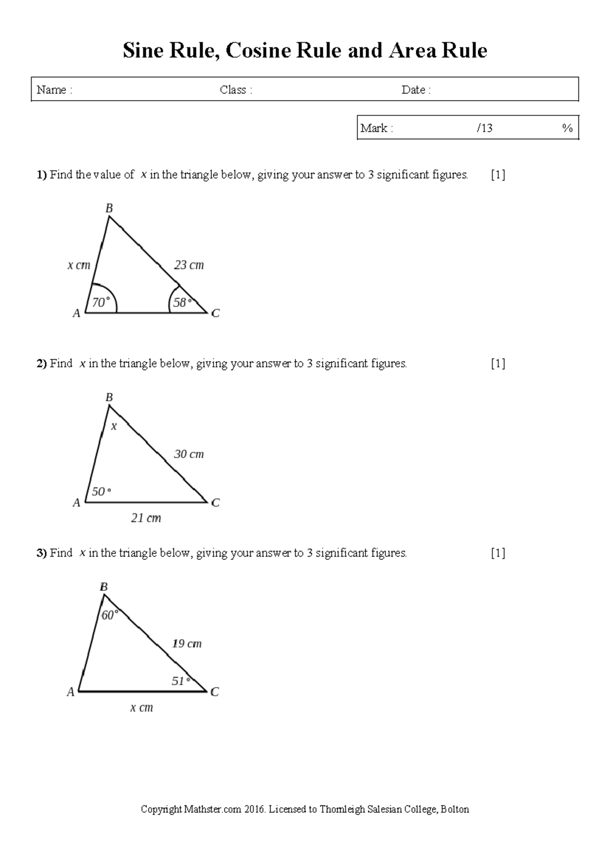 Sine Rule, Cosine Rule and Area Rule - 3 - Sine Rule, Cosine Rule and ...