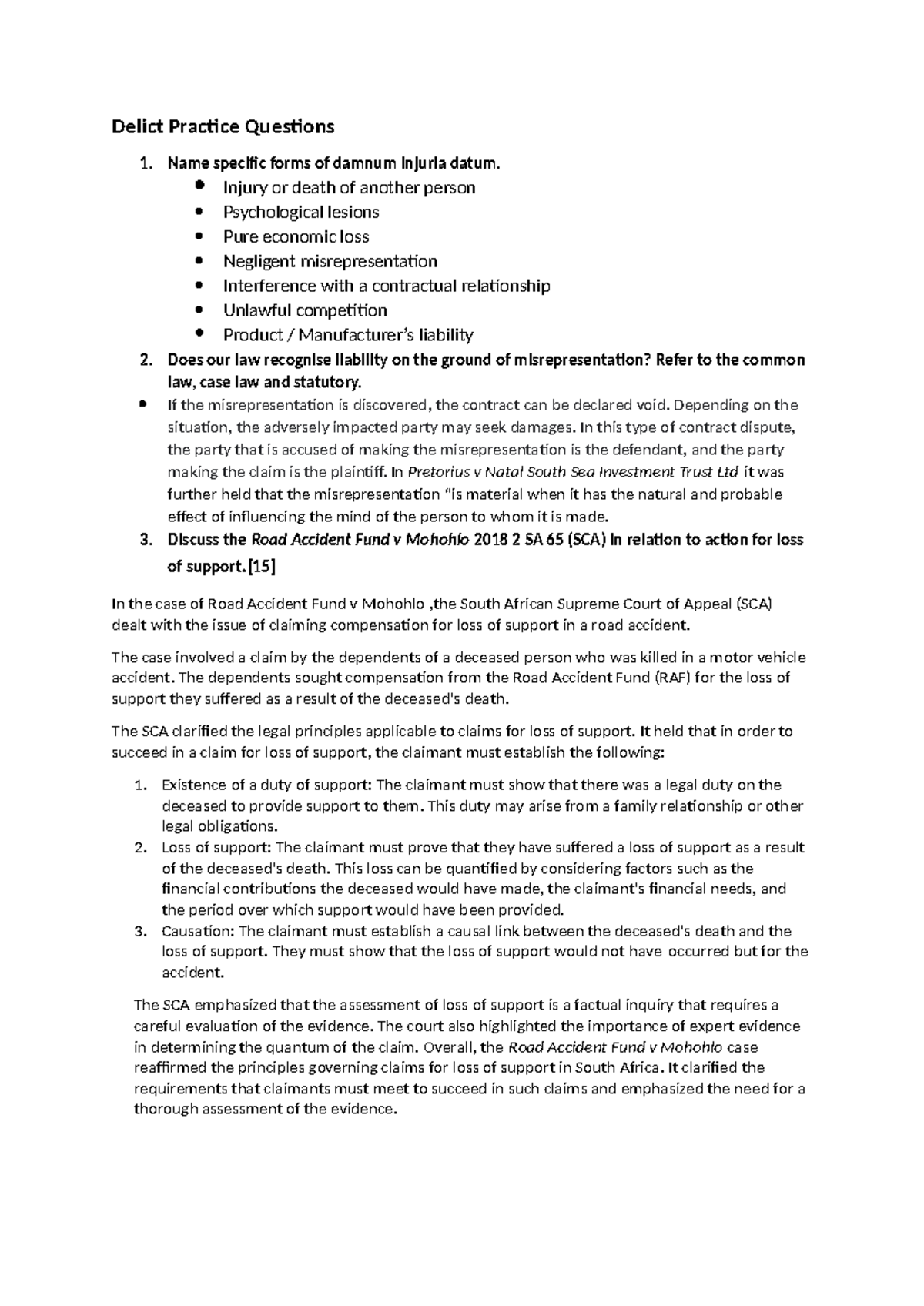 Delict practice questions - Delict Practice Questions 1. Name specific ...