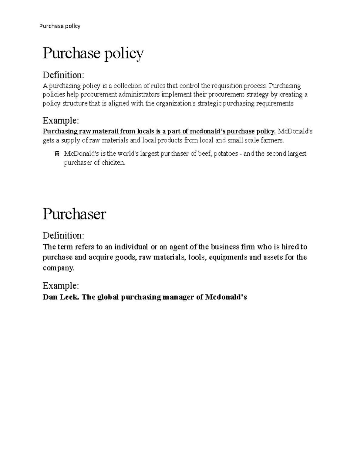 Purchase policy - Purchase policy Purchase policy Definition: A ...