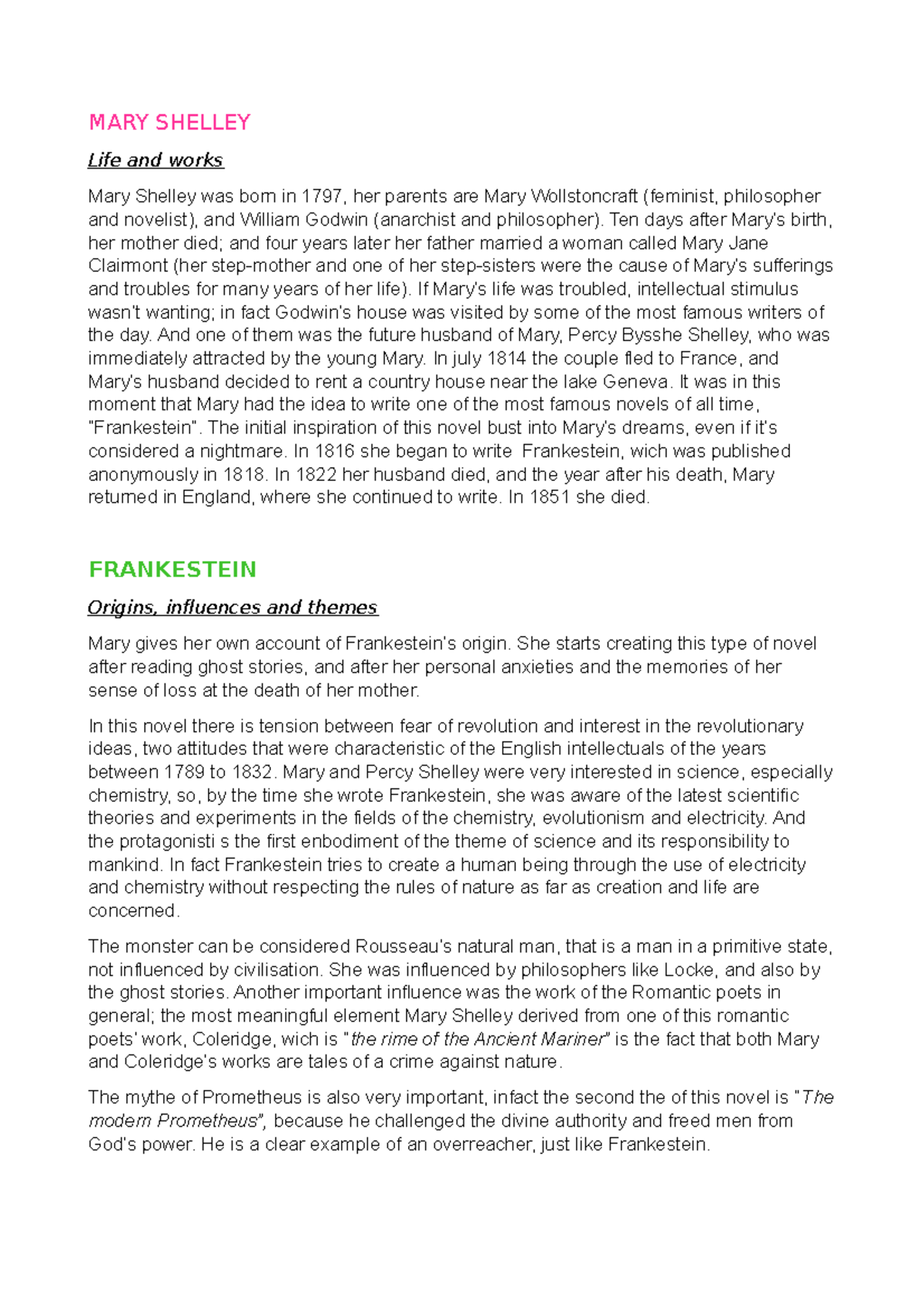 MARY Shelley - biografia e opere - MARY SHELLEY Life and works Mary ...