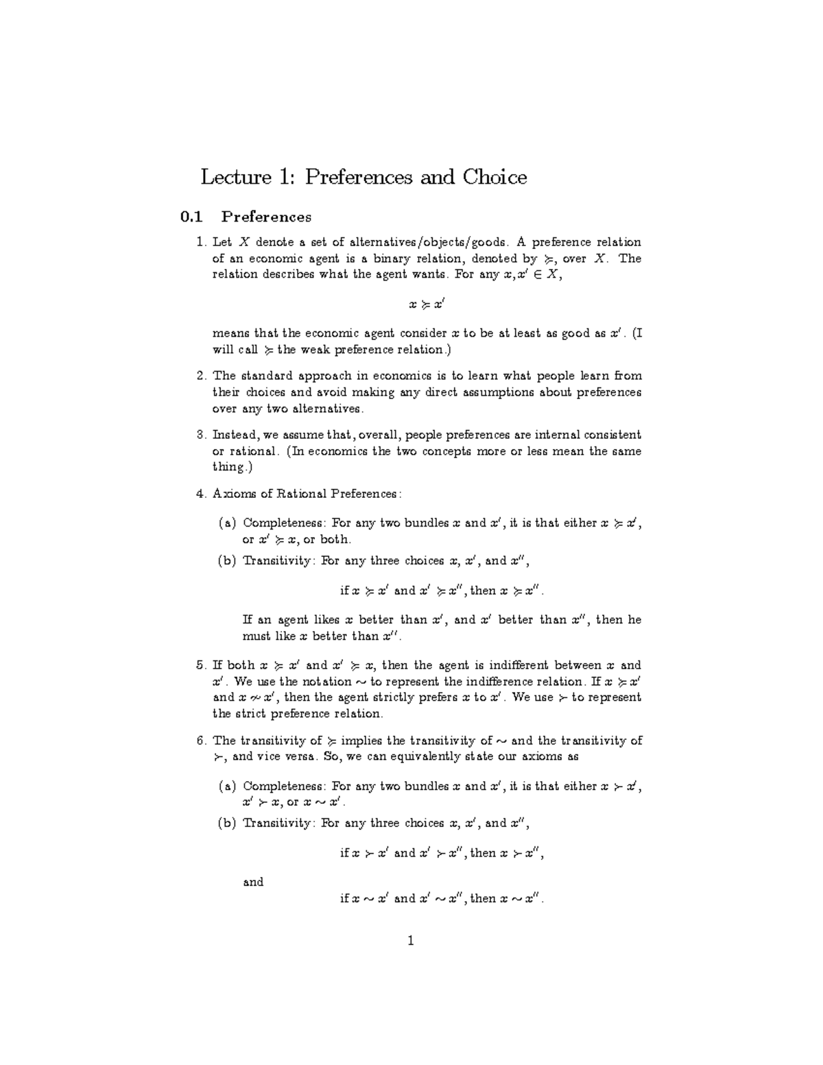 Lecture 1 - Lecture 1: Preferences and Choice 0 Preferences Let X denote a set of - Studocu